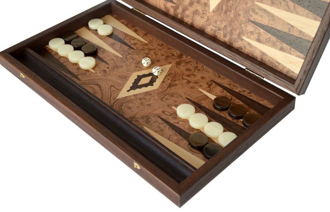 Traditional 15" Walnut root Backgammon Set - Ivory Brown chips – Talos Artifacts