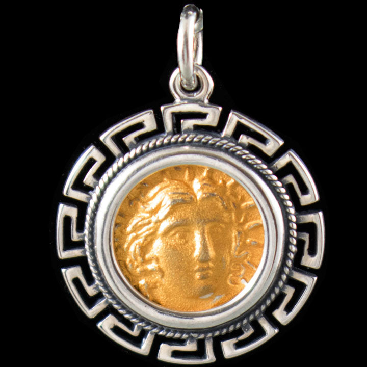 Helios Ancient Sun God Pendant with Meander Design (Gold Plated) - Rho ...