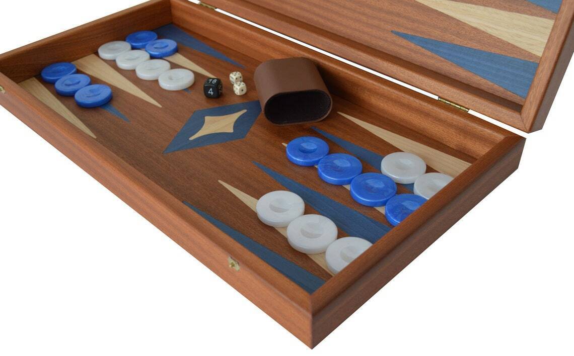 Traditional Mahogany wood 19" Backgammon Set - Blue White checkers ...