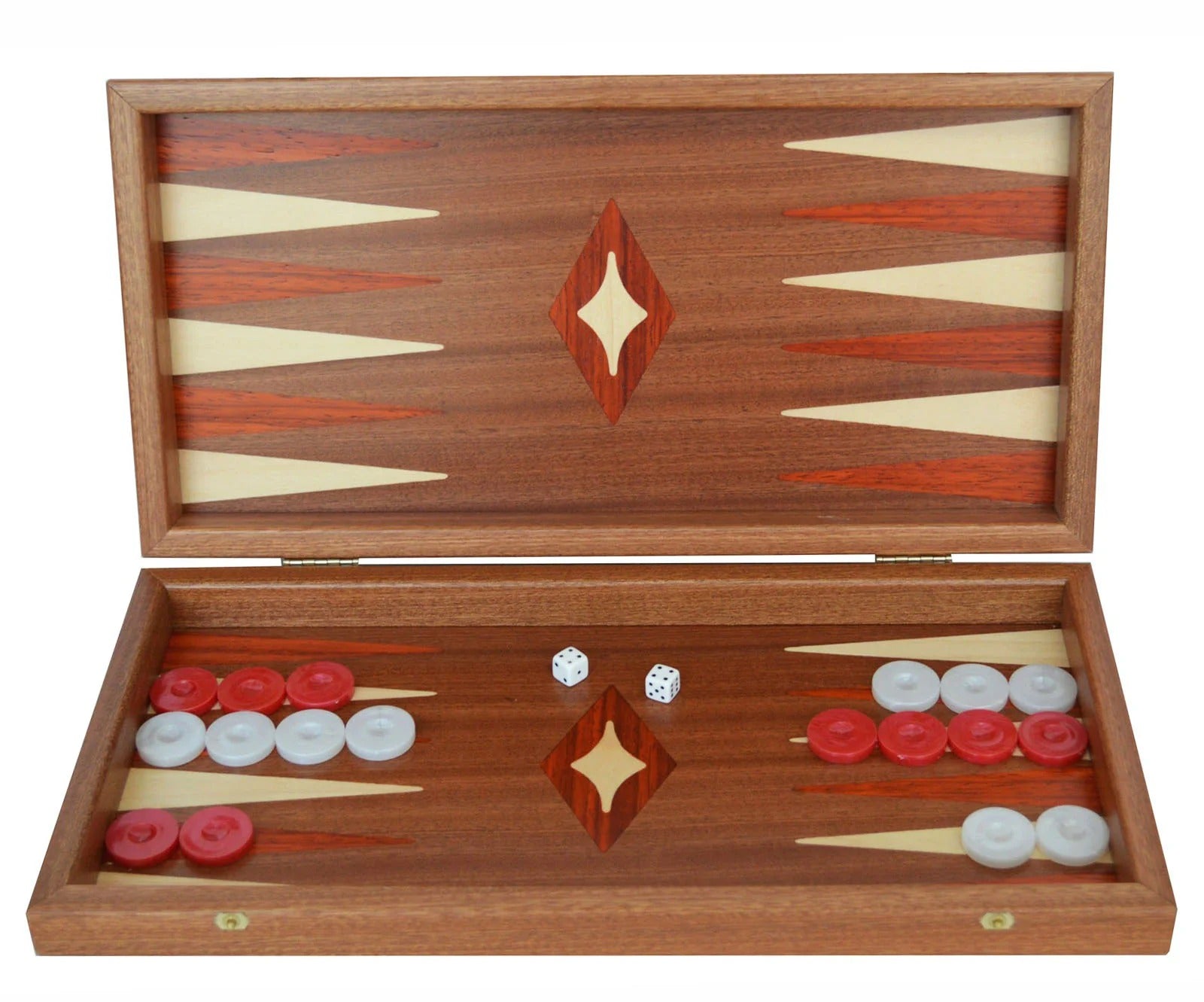 15" Mahogany Backgammon Set - Red White Checkers – Talos Artifacts