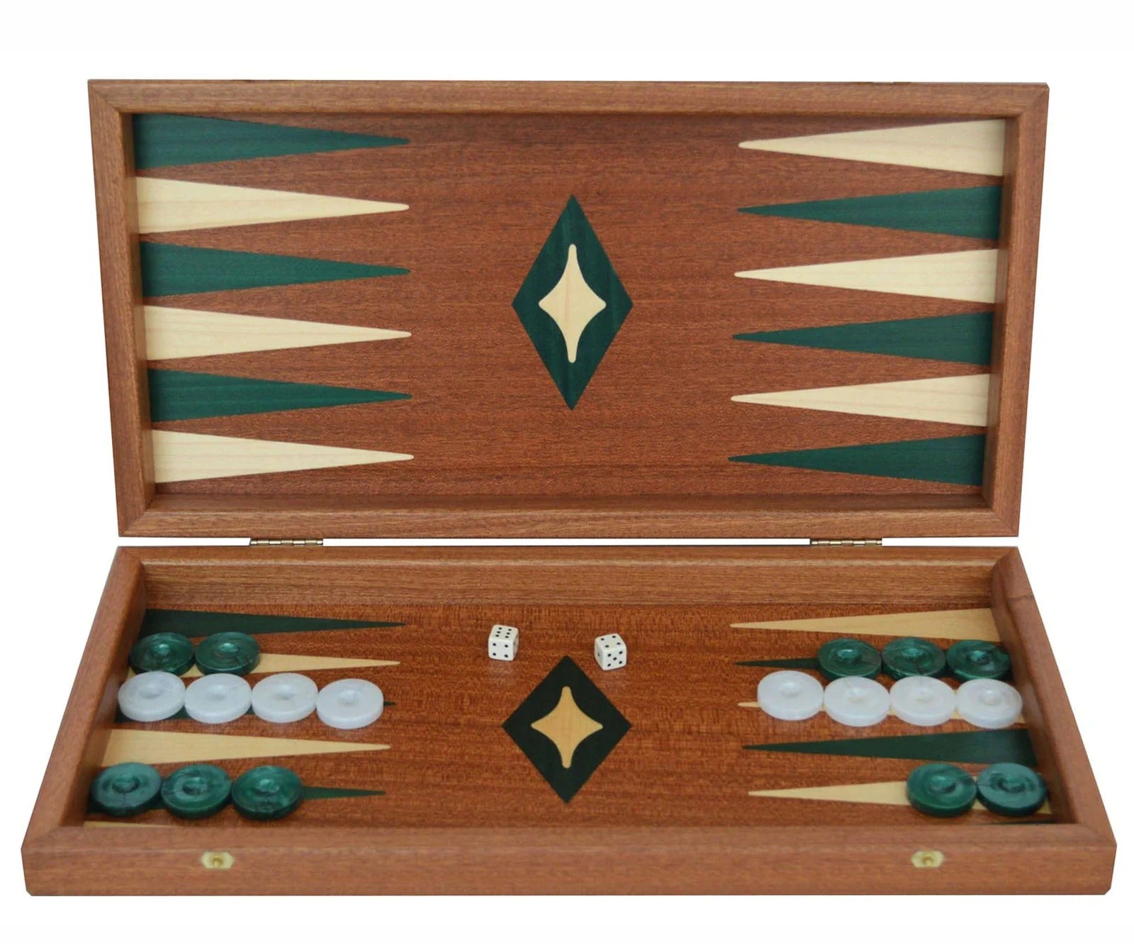 15" Mahogany Backgammon Set - Green White Checkers – Talos Artifacts